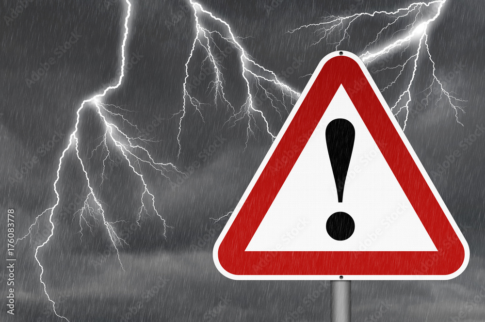 Warning sign Exclamation mark against Thunder sky. Rain. Heavy dark ...