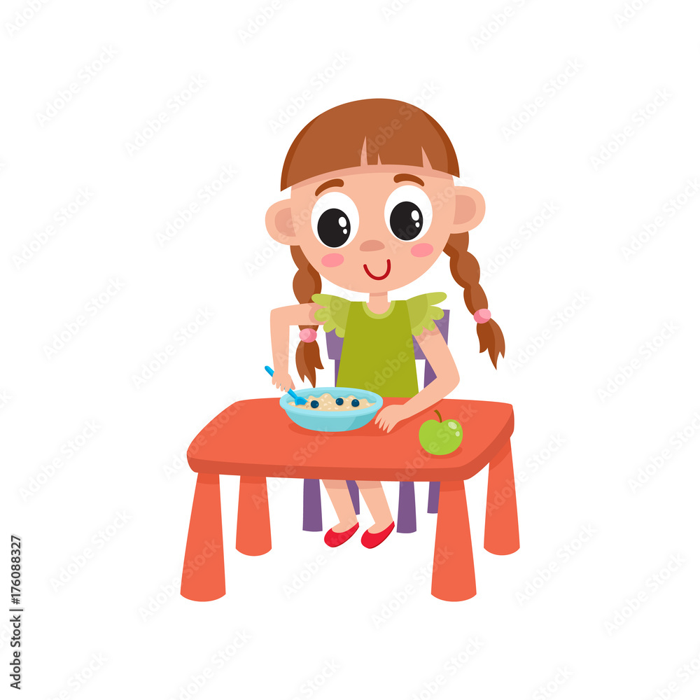 vector flat cartoon girl kid eating apple and porridge sitting at baby ...