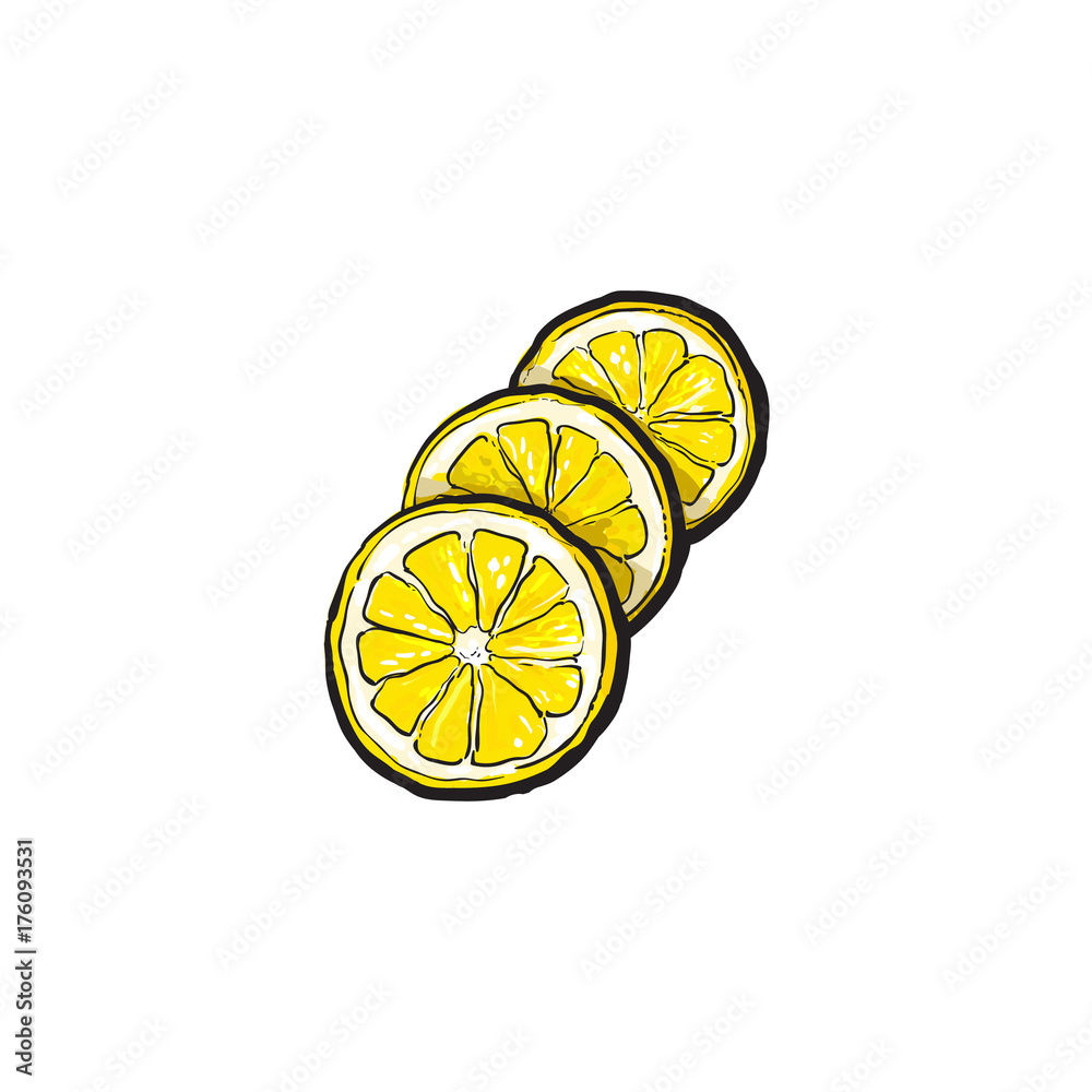 vector sketch cartoon colorful ripe lemon slices, sliced fruit object ...