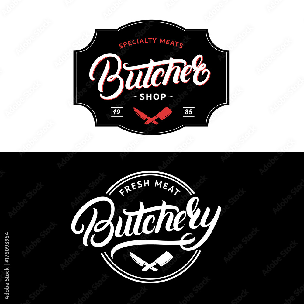 Set of Butcher Shop and Butchery hand written lettering logo, label ...