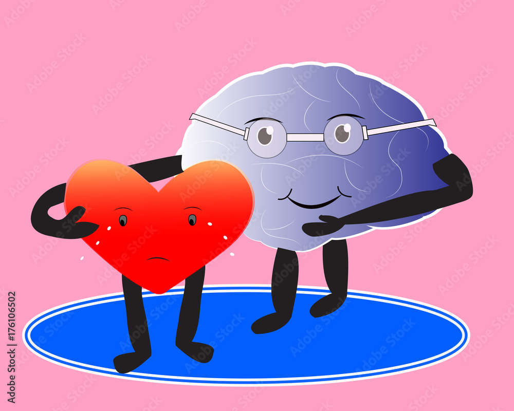 Brain consoling the crying heart. Brain & heart teamwork. Logic and ...