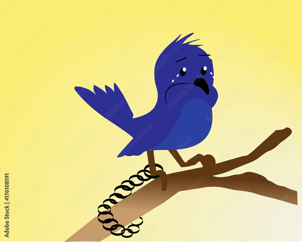 Blue bird tied with chain crying and sitting on a branch. Freedom ...