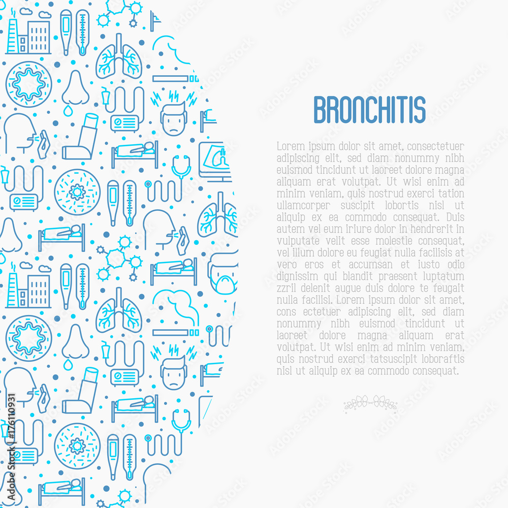 Bronchitis concept with thin line icons of symptoms and treatments ...