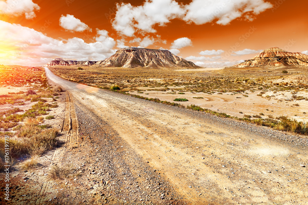 Beautiful desert sunset and road landscape .Sunset scenic. Travel and ...