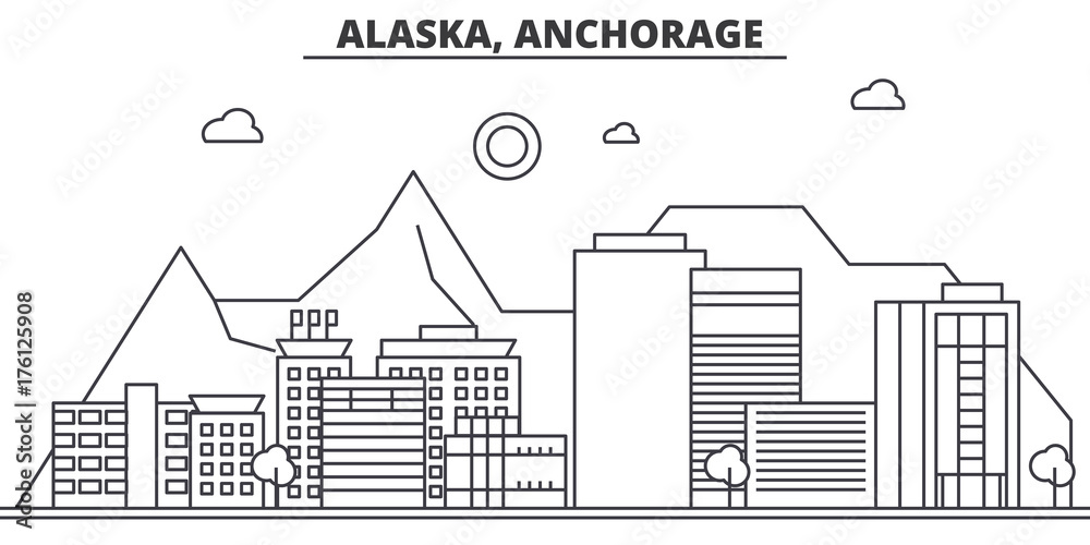 Alaska, Anchorage architecture line skyline illustration. Linear vector ...