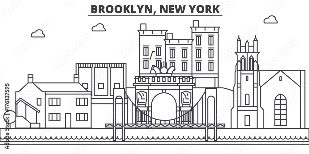 Brooklyn, New York architecture line skyline illustration. Linear ...