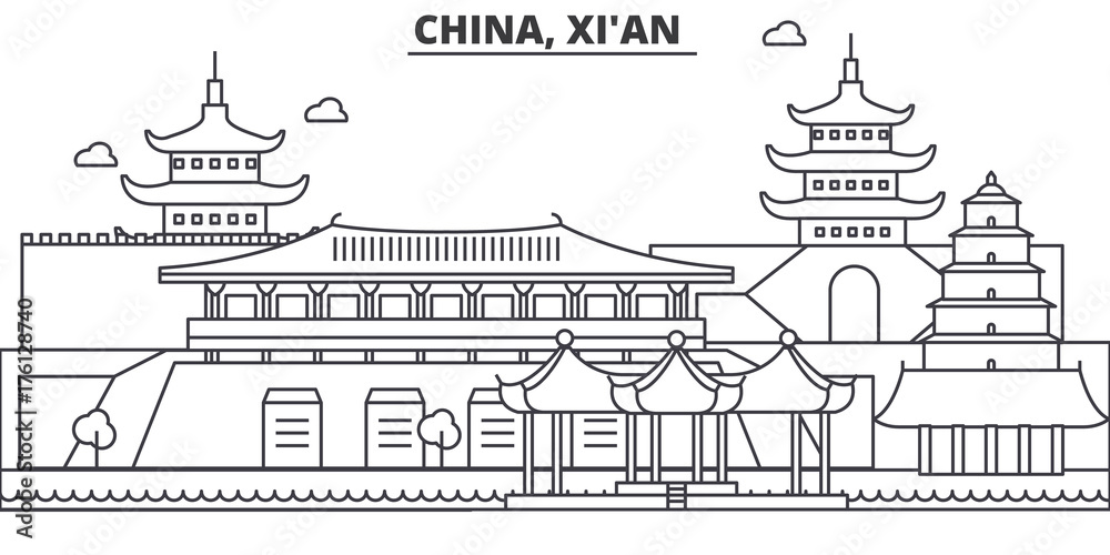 China, Xian architecture line skyline illustration. Linear vector ...