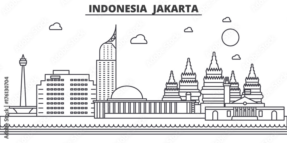 Indonesia, Jakarta architecture line skyline illustration. Linear ...