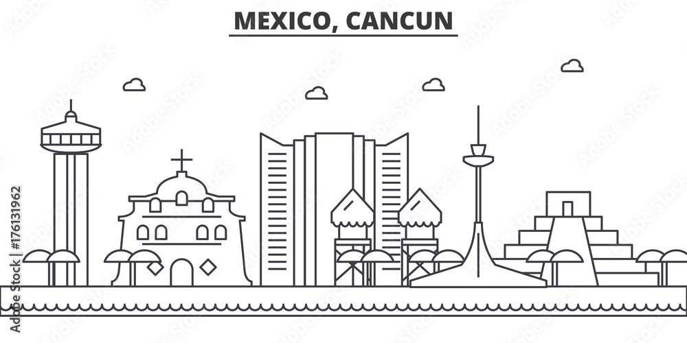 Mexico, Cancun architecture line skyline illustration. Linear vector ...