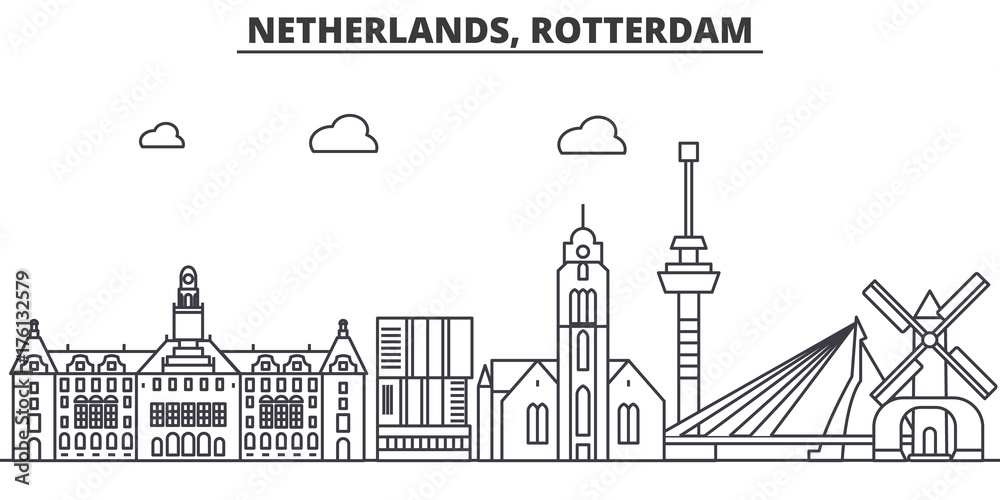 Netherlands, Rotterdam architecture line skyline illustration. Linear ...