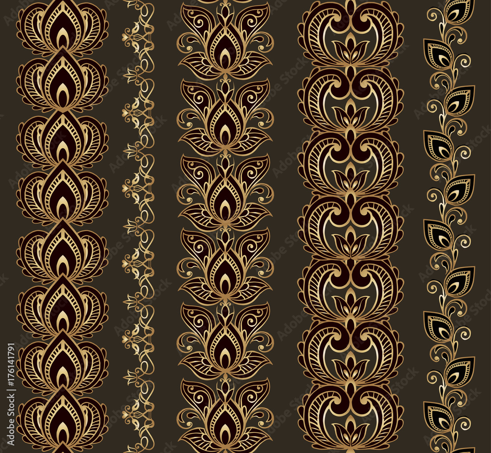 Vector illustration of gold mehndi pattern, set of seamless borders ...