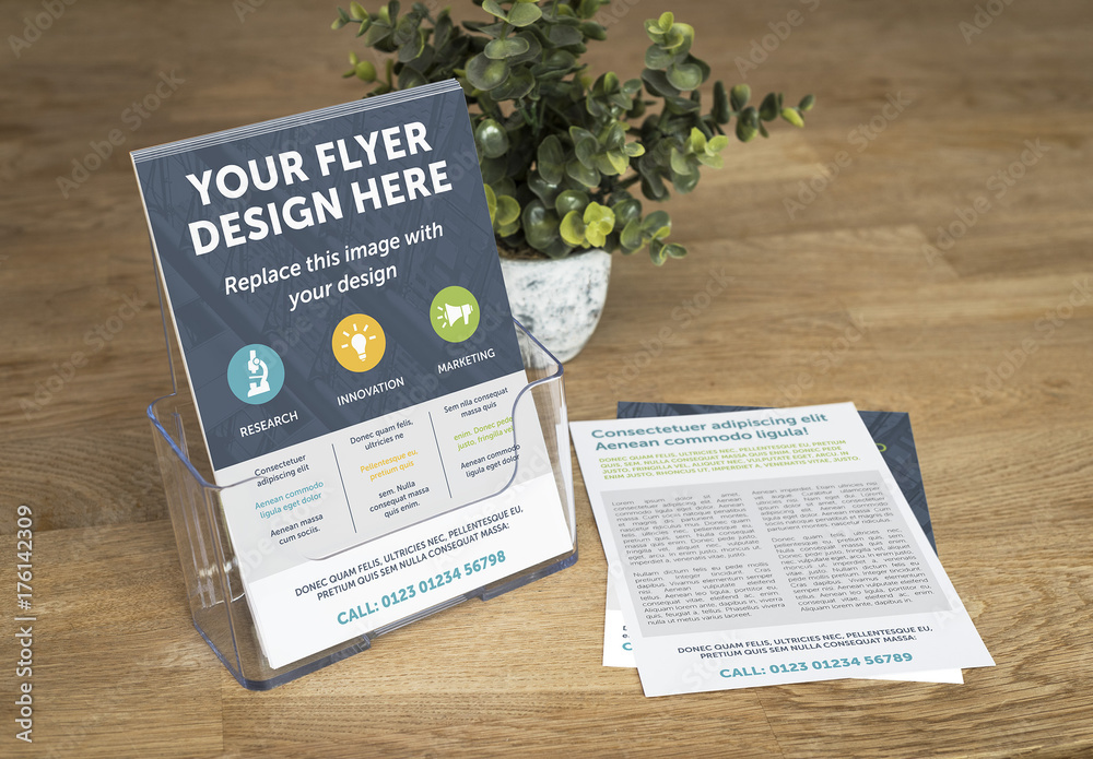 Stack of Flyers on Countertop Mockup 1 Stock Template | Adobe Stock