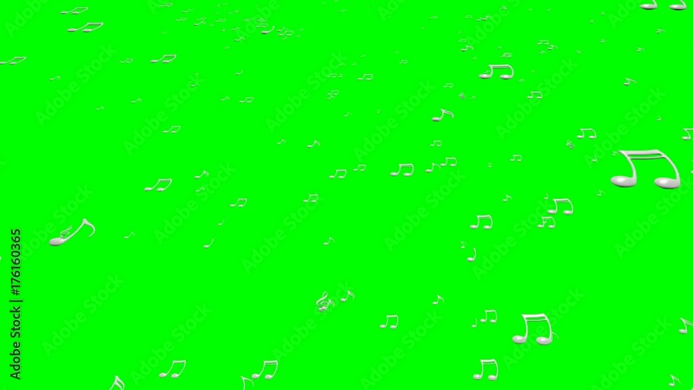 Animated flying white cartoon like 3d music notes against green ...