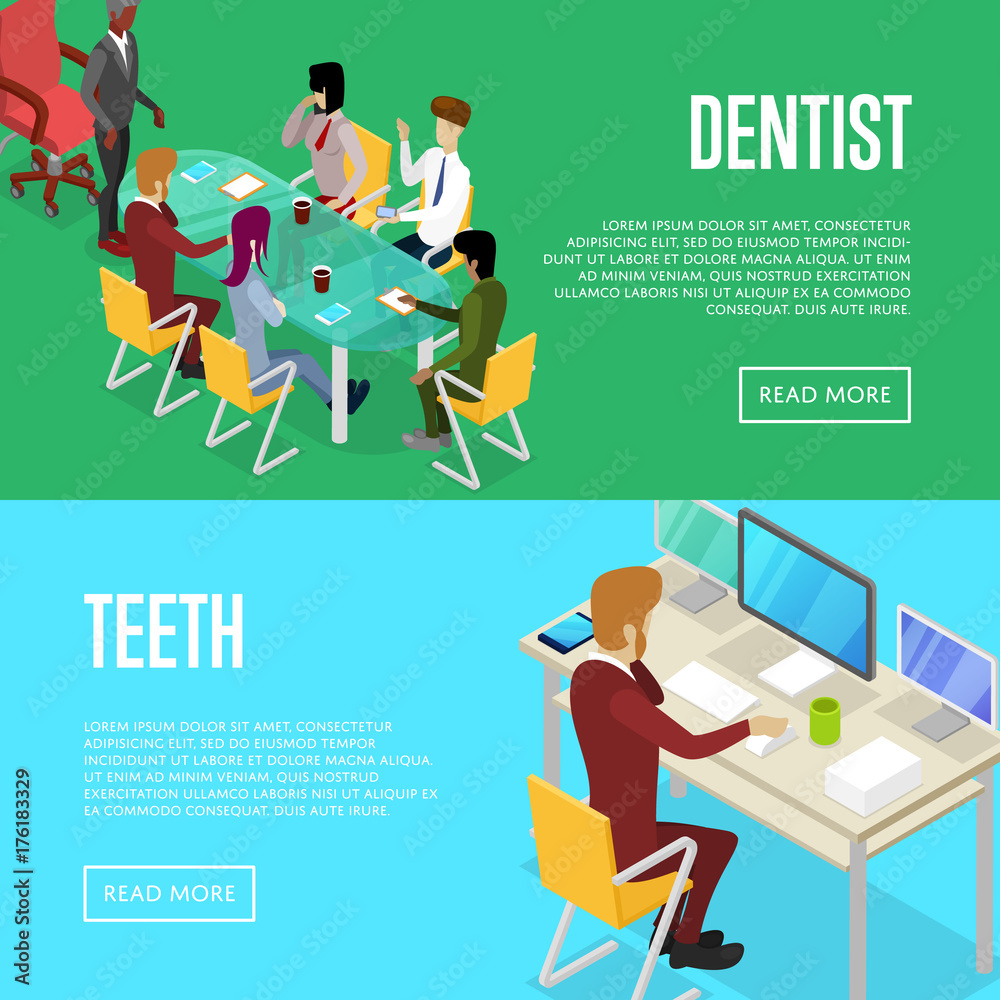 Corporate office life isometric posters. Team workspace concept with ...