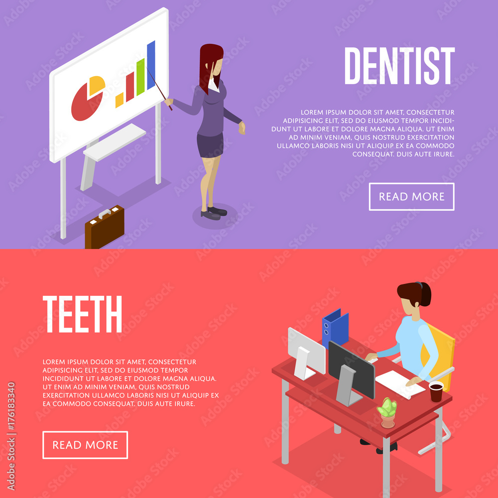 Corporate office life isometric posters. Team workspace concept with ...
