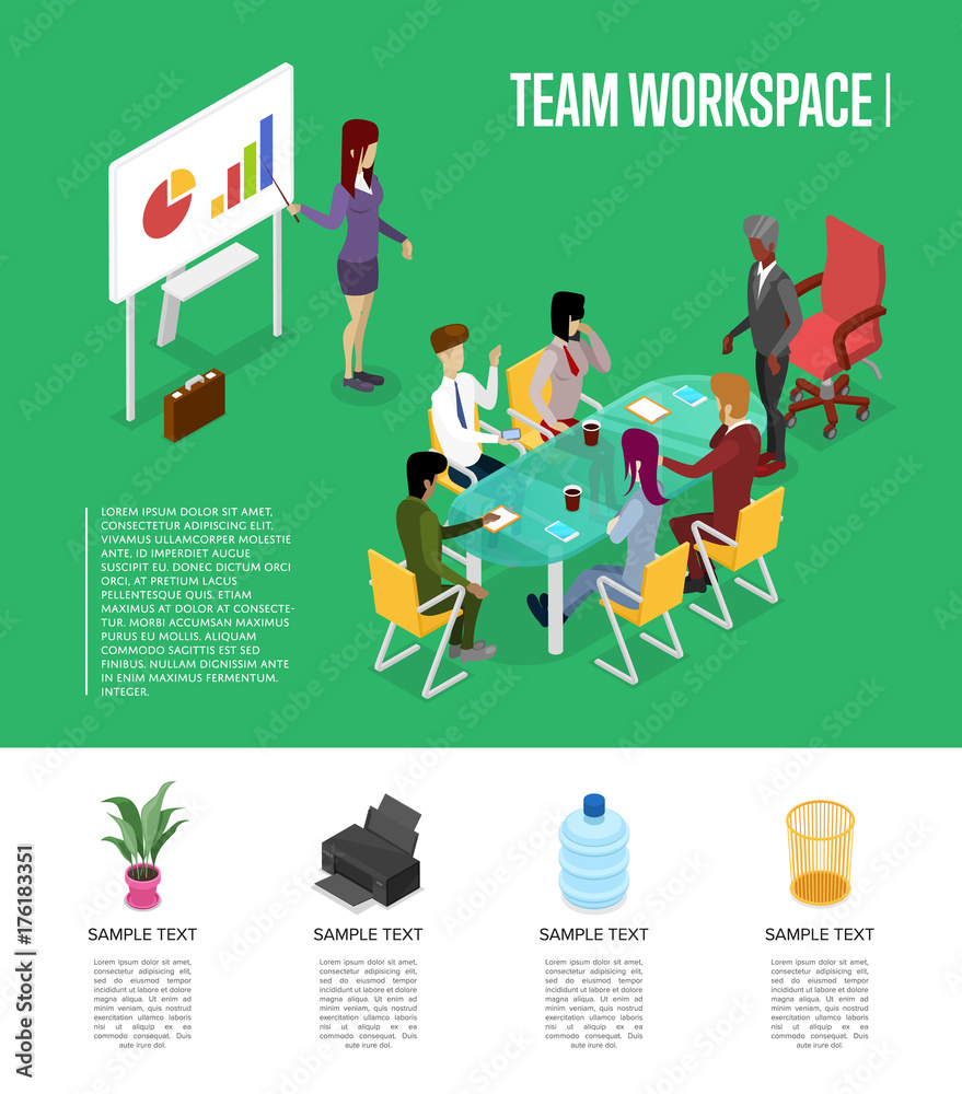 Team workspace isometric 3D poster. Corporate office life concept with ...