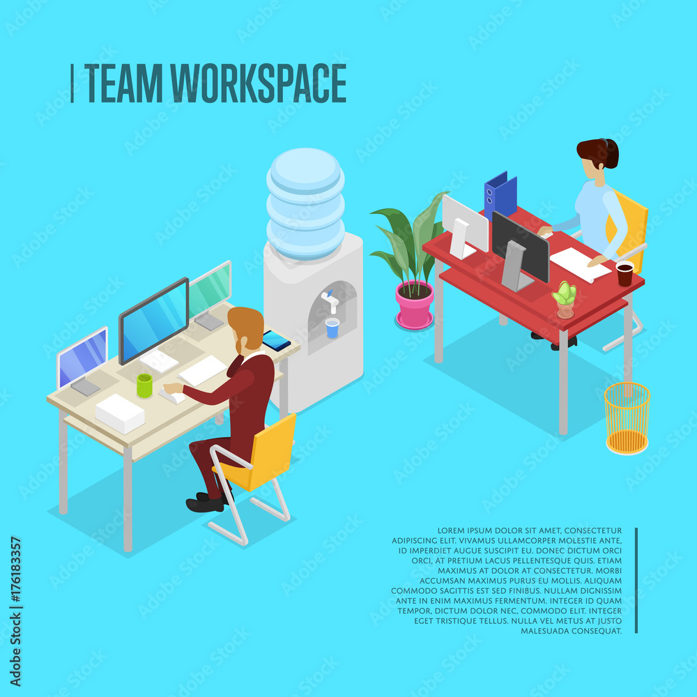 Modern team workspace isometric poster. Corporate office life concept ...