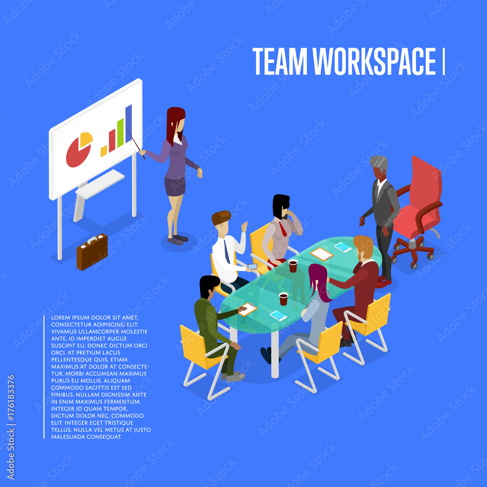Conference office workspace isometric 3D poster. Teamwork and idea ...