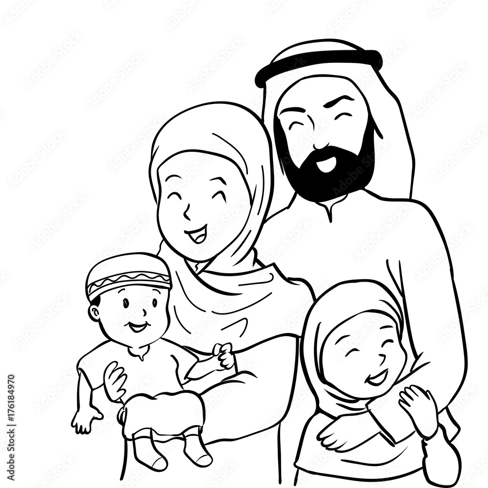 Hand drawn Happy Muslim Family-Vector Cartoon Illustration Stock Vector ...