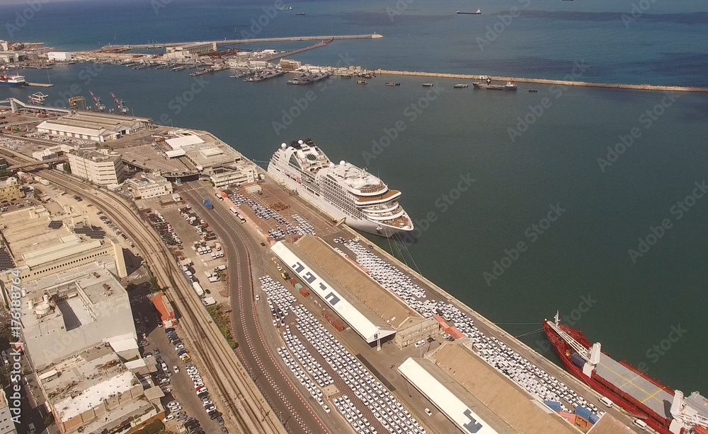 Huge large mega ULCV container ship sails on open water fully loaded ...