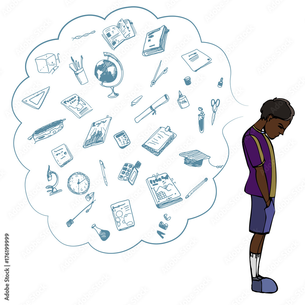 Dark skinned child, boy, teen, teenager standing frustrated. Study ...