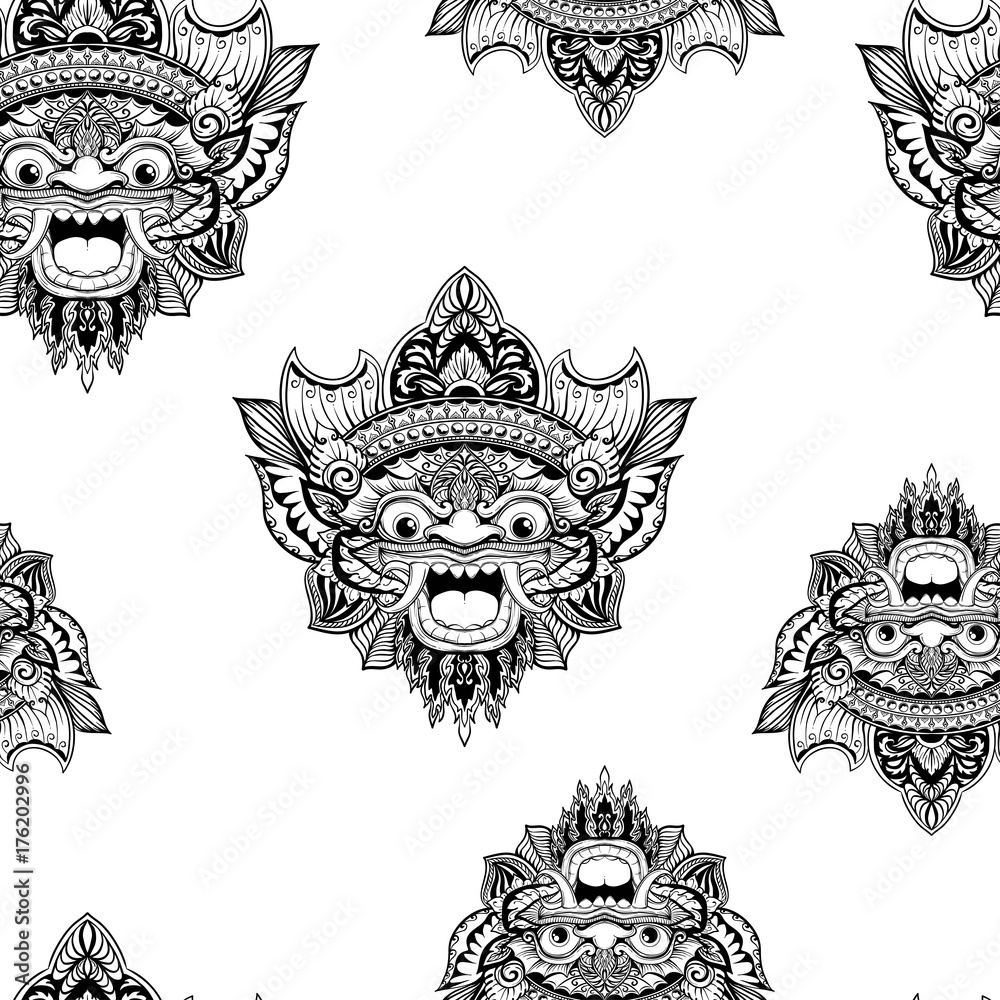 Seamless outline pattern with barong mask in black and white colors ...