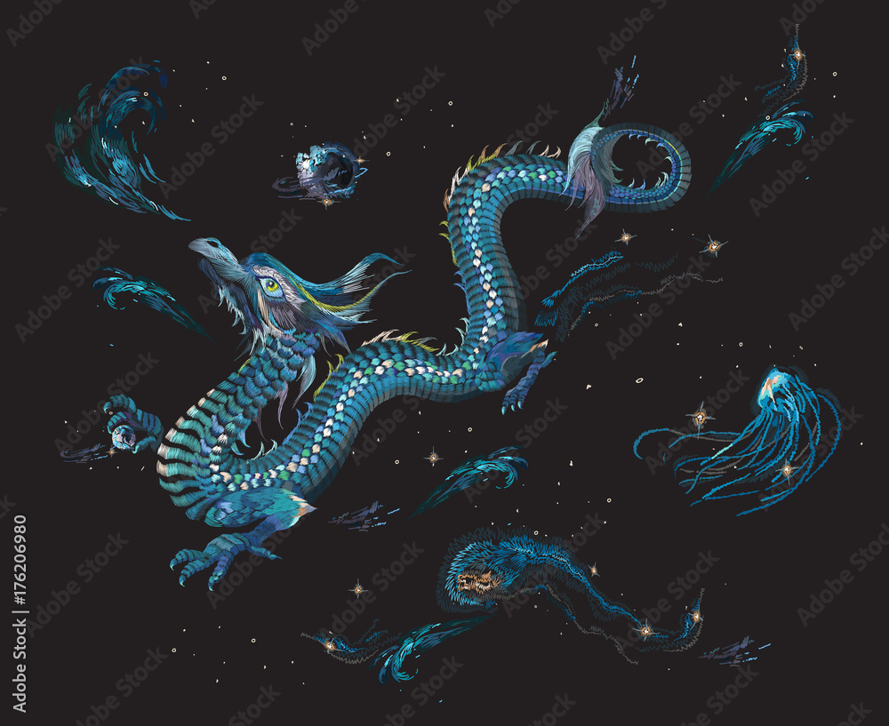 Embroidery oriental pattern with blue dragon and starry sky. Vector ...