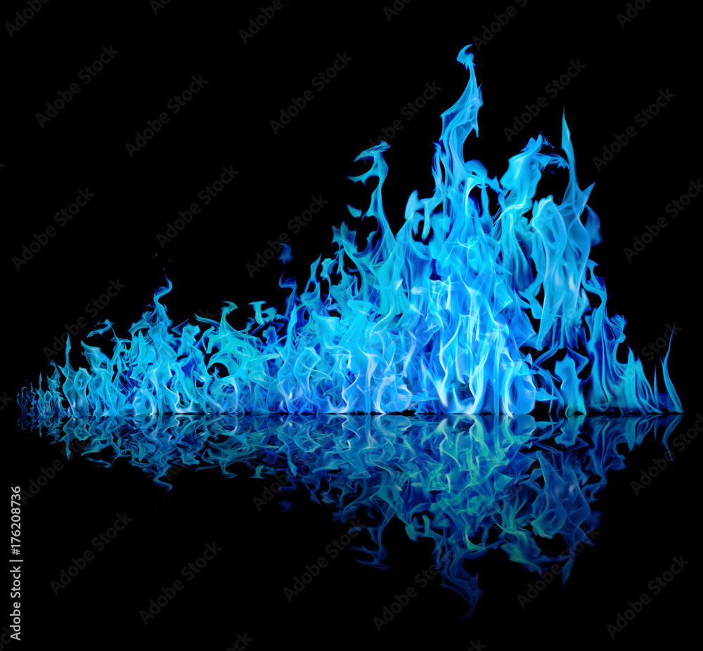 high blue fire with reflection on black Stock Photo | Adobe Stock
