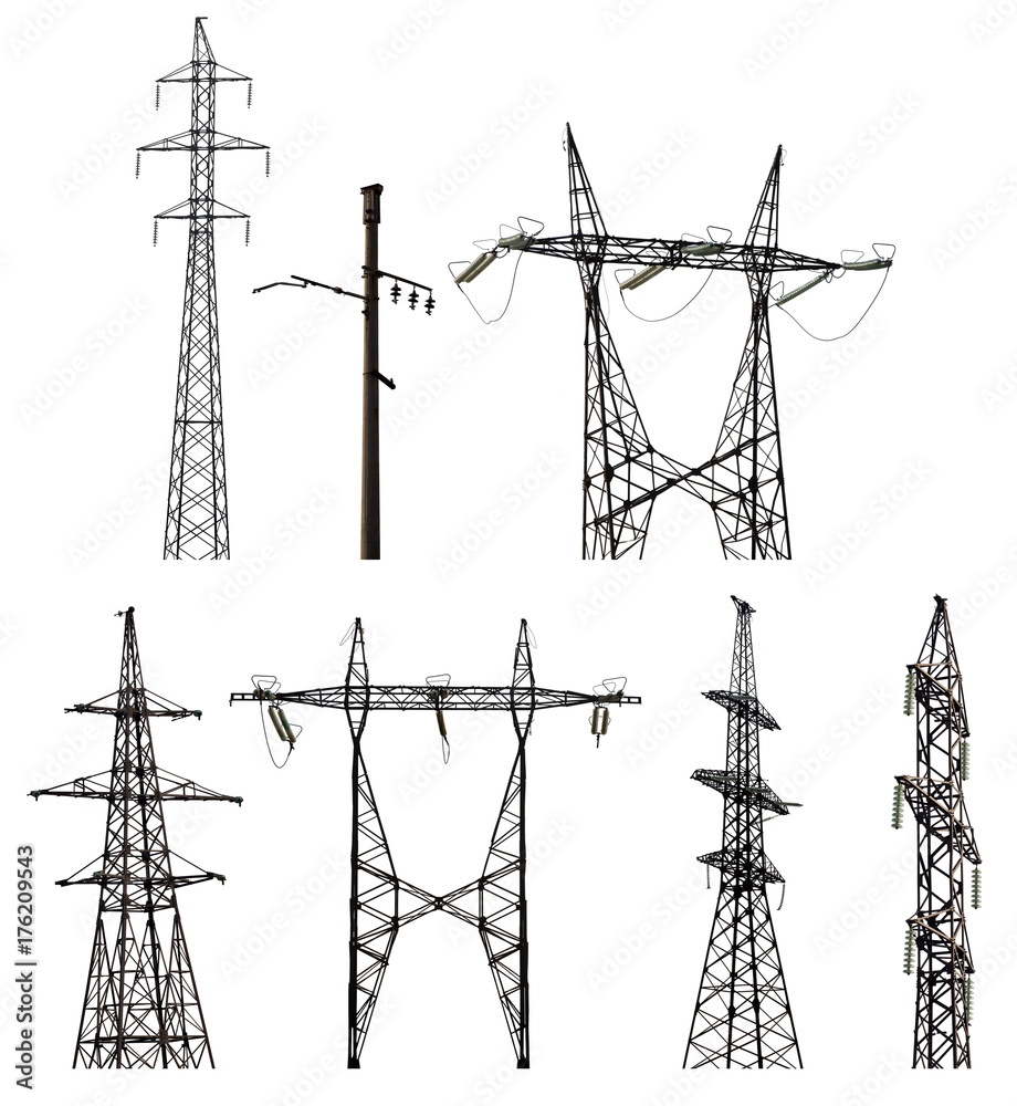 collection of seven electrical pylons on white Stock Photo | Adobe Stock