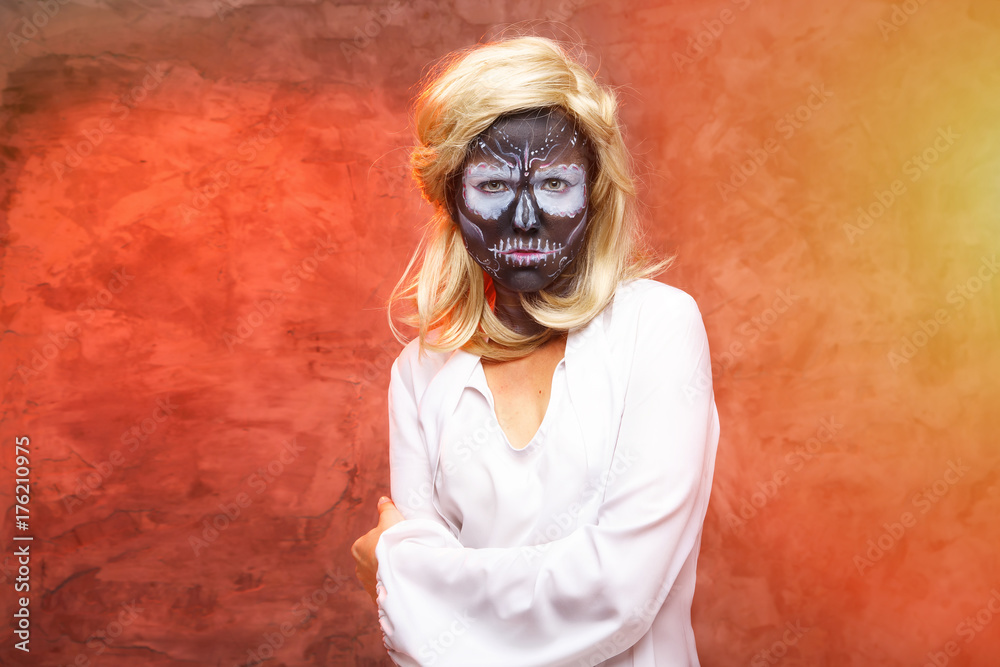 Dead bride woman in skull face dark mask. Halloween. Woman skeleton on ...