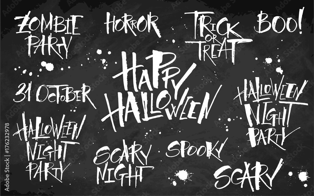 Halloween lettering set on blackboard background. Hand drawn pictures ...