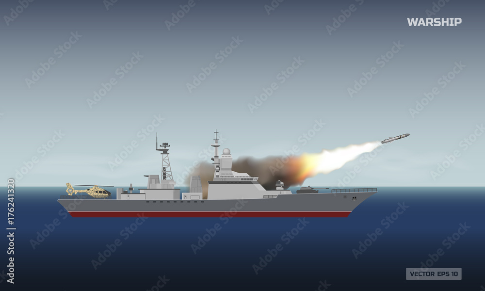 Warship shooting a rocket. Military ship and a missile on sea ...