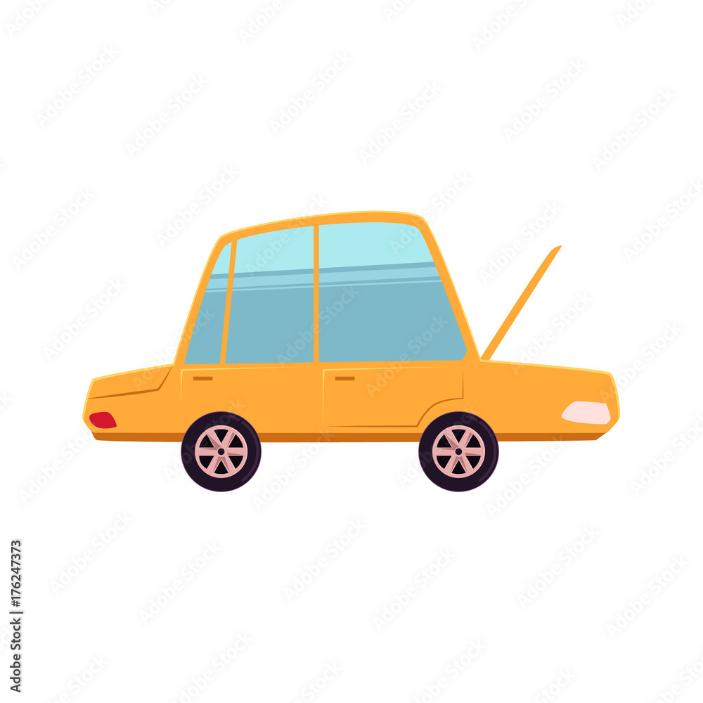 Funny cartoon, comic style car with open front hood, bonnet, vector ...