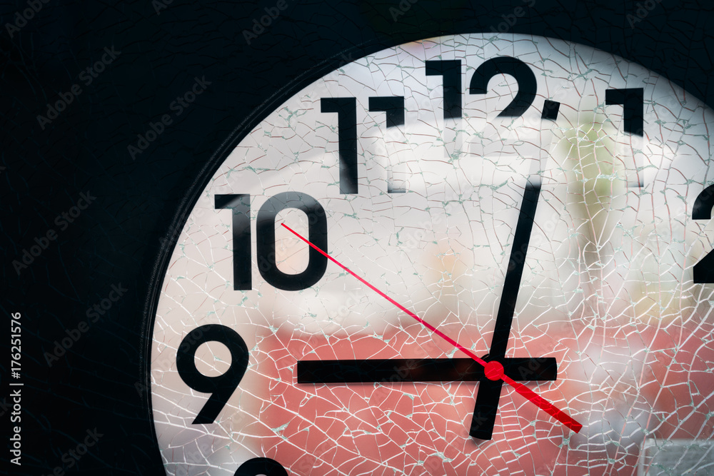 Realistic classic dark and white round wall clock with broken glass ...