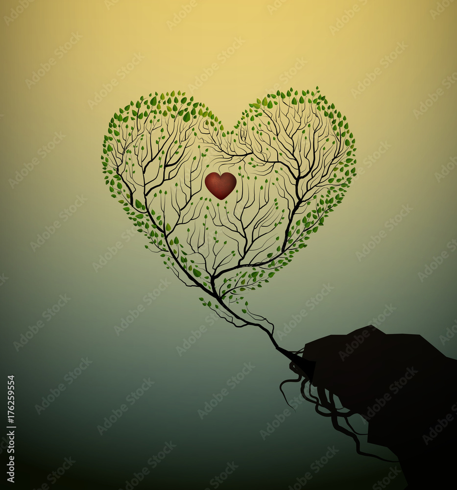 heart shape tree growing at the edge of the rock, tree of love ...