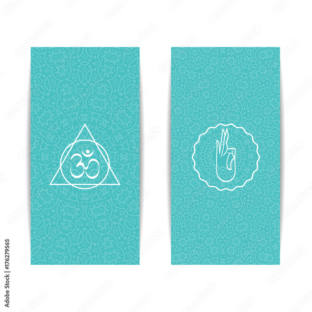 Yoga studio template. Set of vertical turquoise flyers with chakra and ...