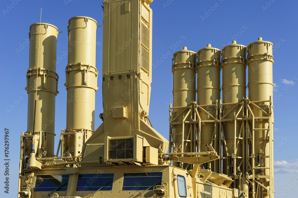 Antiaircraft missile complex, ballistic launcher with big missiles ...