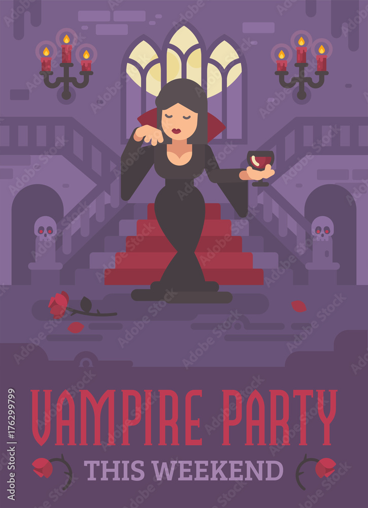 Halloween poster with vampire lady in a black dress with a glass of ...