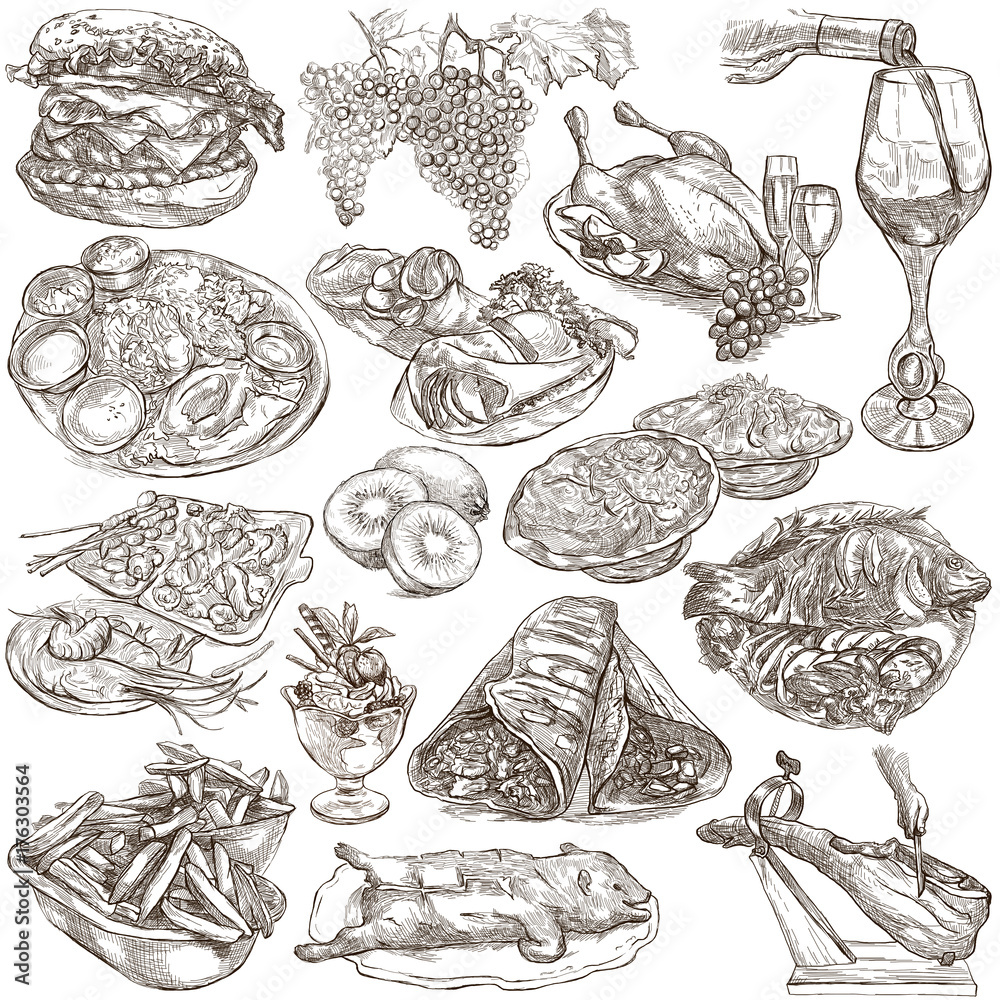Food. Freehands, hand drawn collection. Line art. Stock 일러스트레이션 | Adobe ...