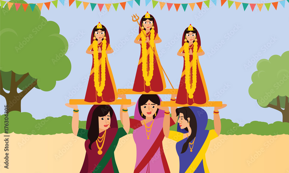 Women in colorful saree dress carrying Goddess idols on their head ...