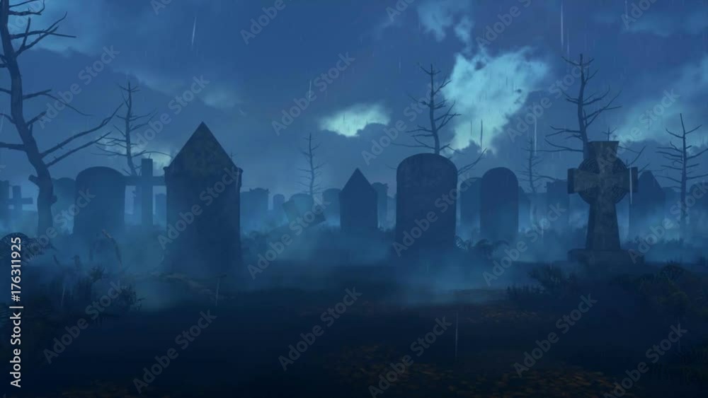 Abandoned spooky cemetery with old gravestones and thick fog creeping ...