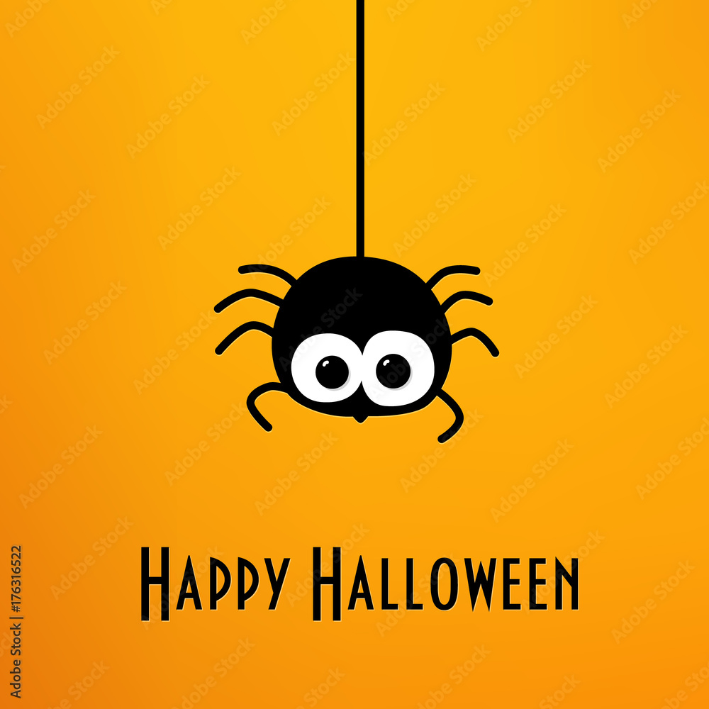 Happy Halloween card with cartoon spider and greeting text on orange ...