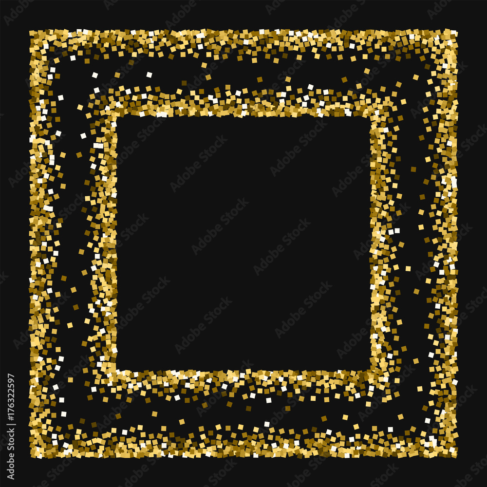 Gold glitter. Square chaotic frame with gold glitter on black ...
