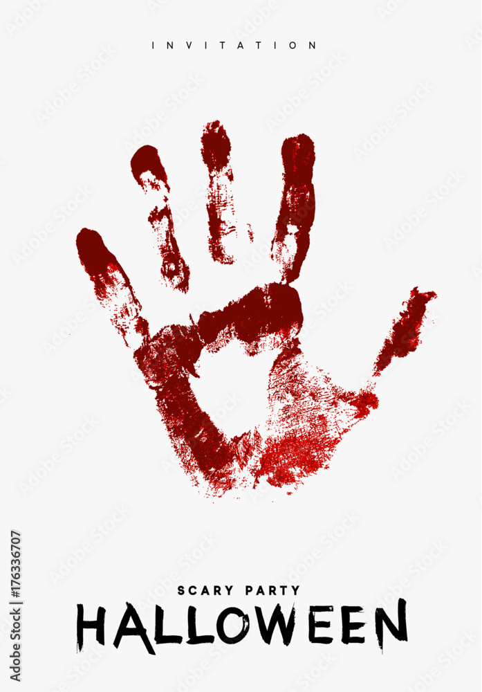 Happy Halloween. Hand in the red blood. Bloody handprint on white ...