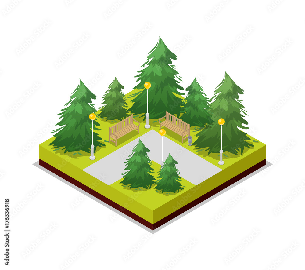 Park road and pine trees isometric 3D icon. Public park decorative ...
