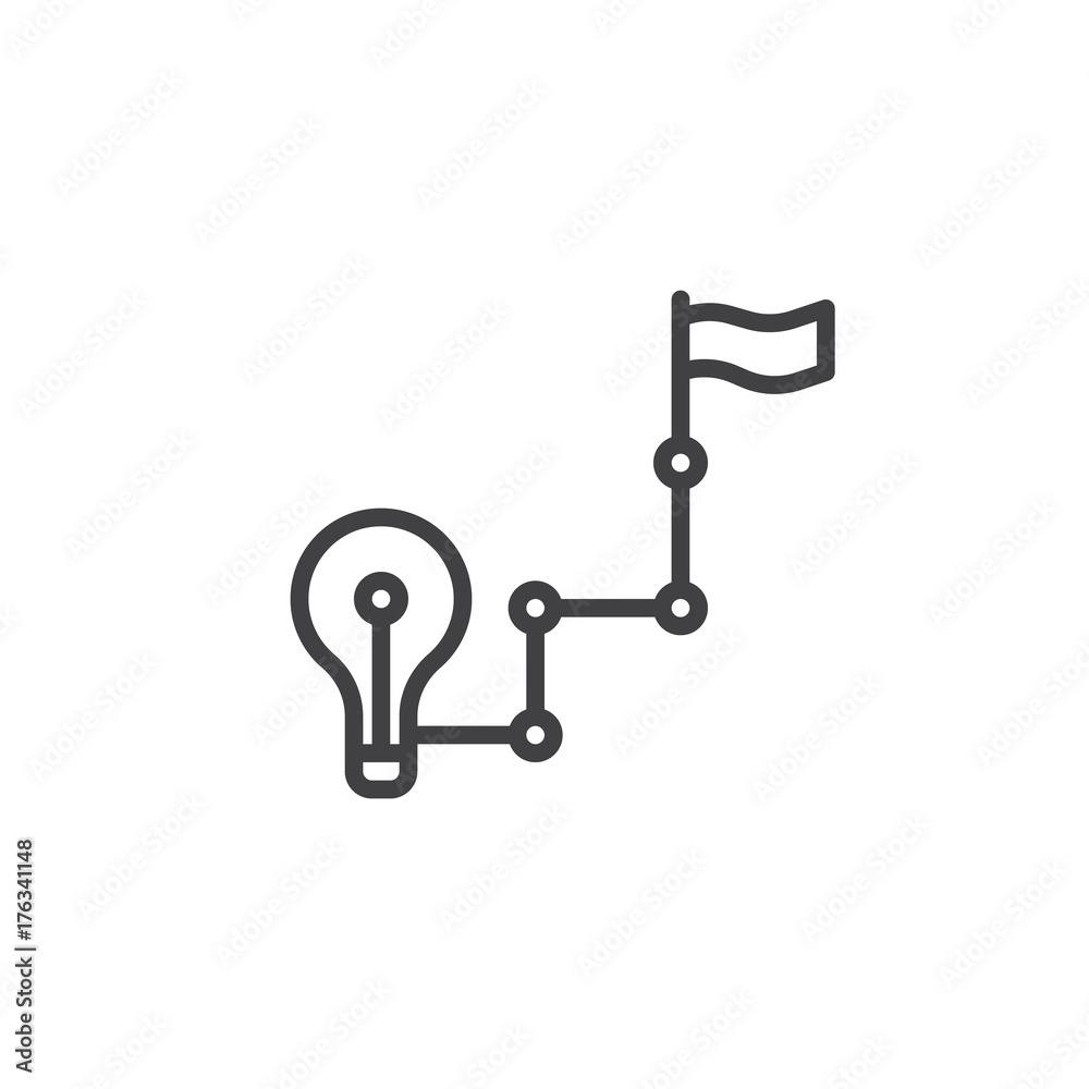 Goal with light bulb and flag line icon, outline vector sign, linear ...