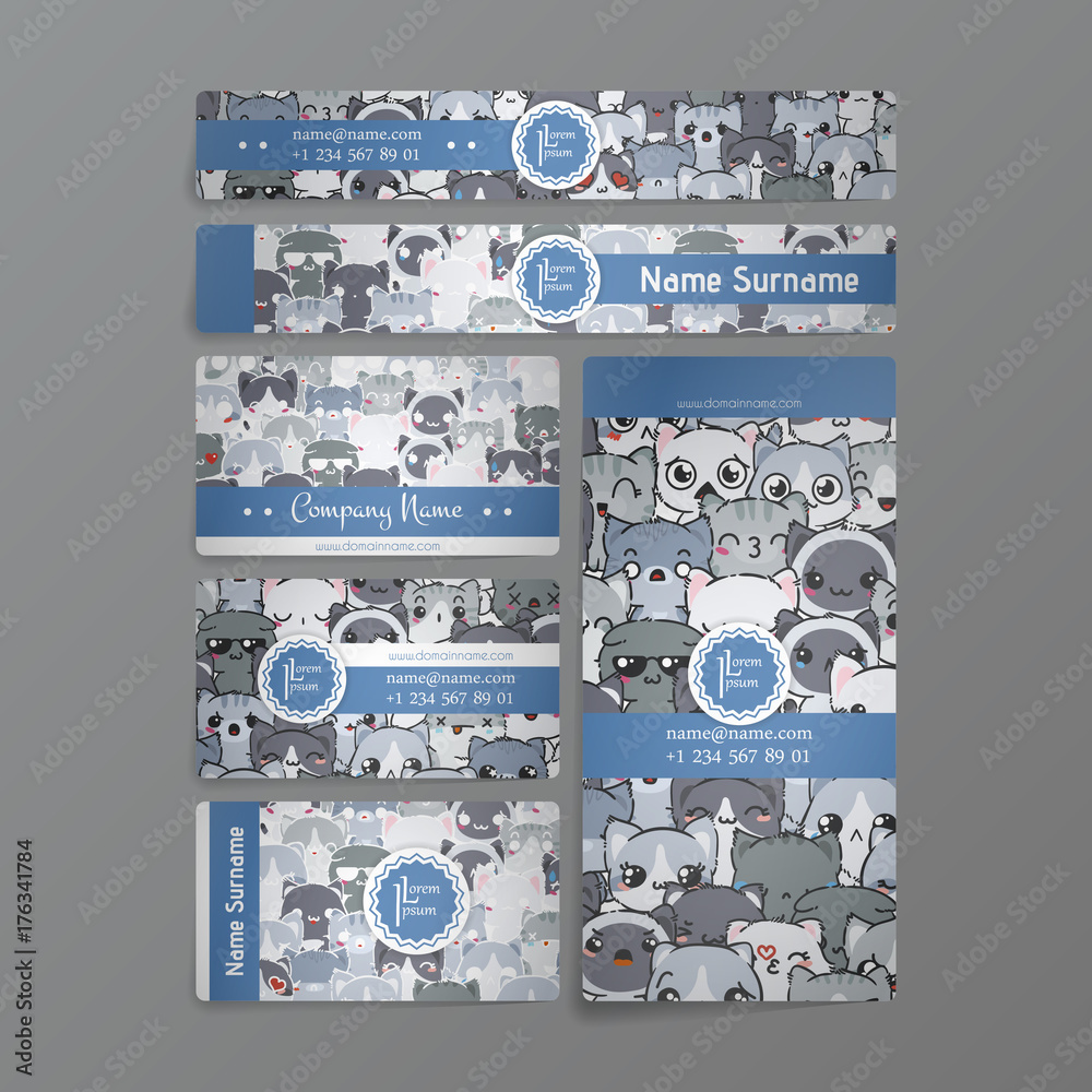 Set of card templates with cute cartoon cats and dogs with different ...