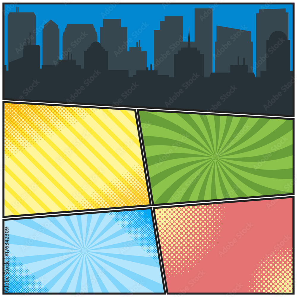 Comic book pages template with different radial backgrounds and city ...