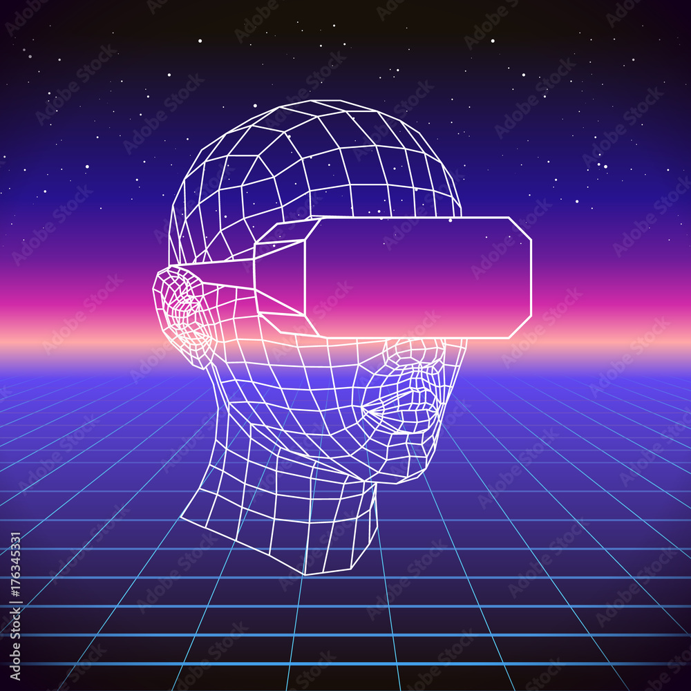 80s Retro Sci-Fi Background with VR Headset. Vector futuristic synth ...