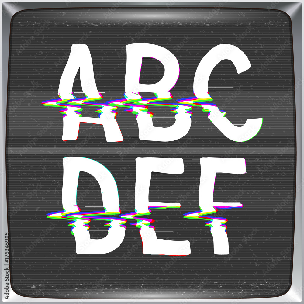 Font with glitch effect on TV screen background. Vector distorted ...